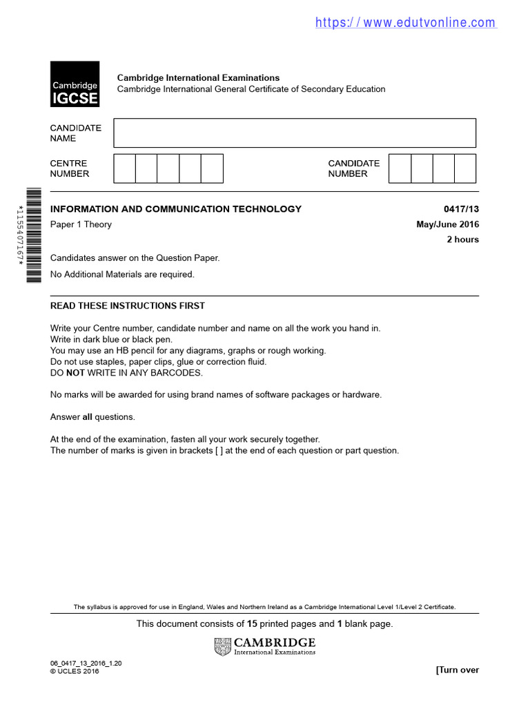 Cambridge International Examinations: 0417/13 Information and Communication Technology | PDF ...