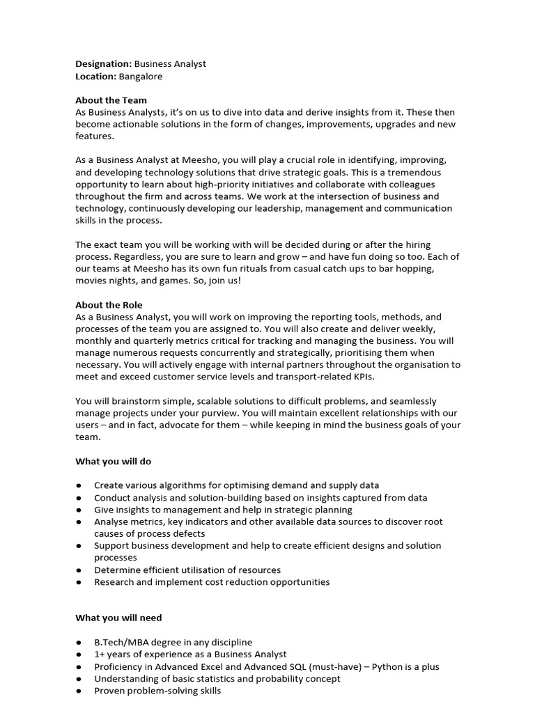 Business Analyst - Job Description | PDF | E Commerce | Startup Company