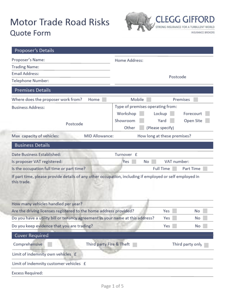 Motor Trade Road Risks Quote Form | PDF | Vehicles | Bankruptcy
