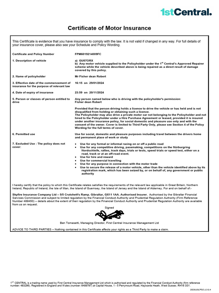Certificate of Motor Insurance | PDF | Insurance | Vehicle Insurance