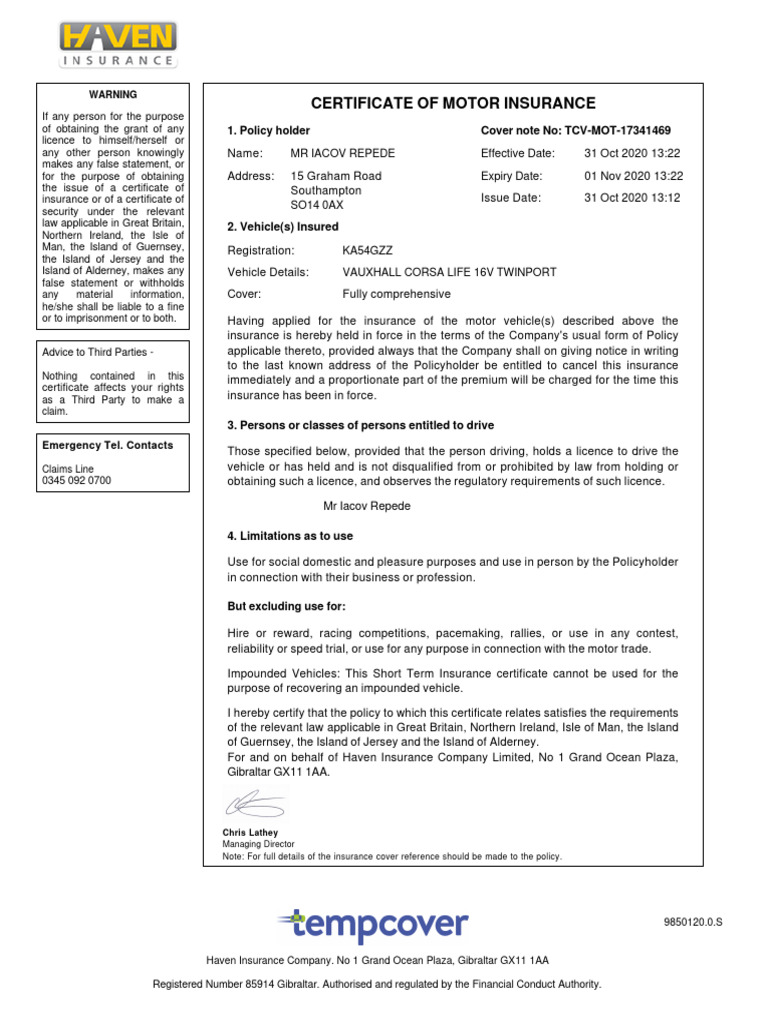Certificate of Motor Insurance For Haven Policy TCV-MOT-17341469 | PDF ...