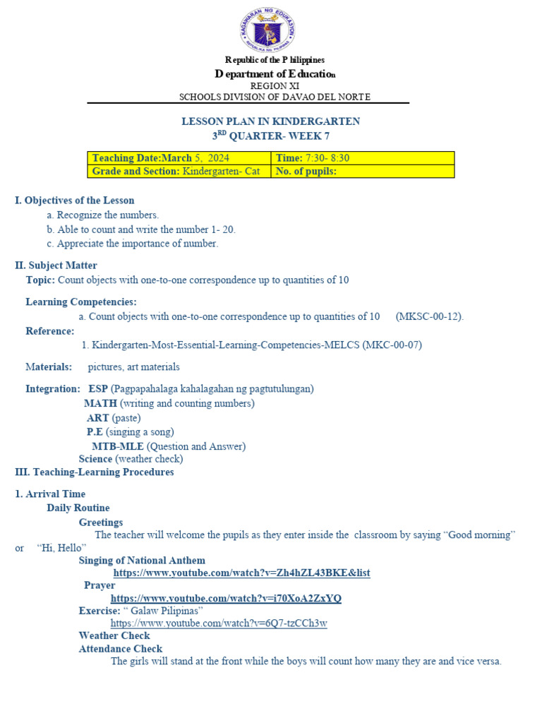Kindergarten Lesson Plans: Weeks 7-8 | PDF | Teachers | Lesson Plan