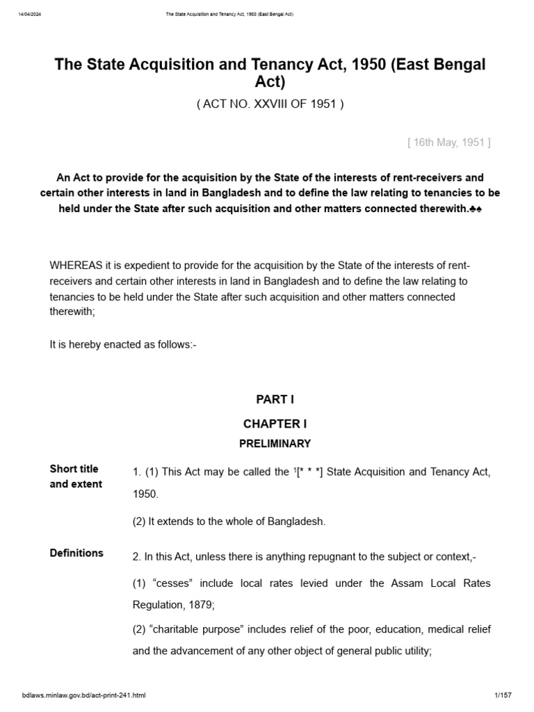 The State Acquisition and Tenancy Act, 1950 (East Bengal Act) | PDF ...