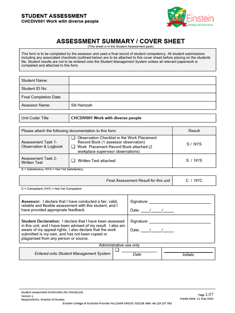 Answers - Chcdiv001 Student Assessment. v1. 110520 (For Chc43115) | PDF | Discrimination | Community