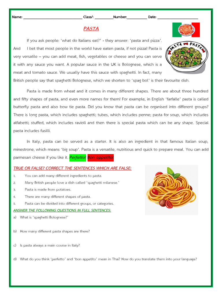 Pasta Worksheet | PDF