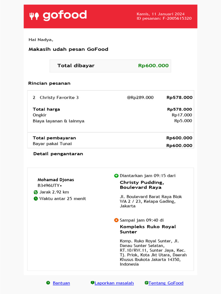 Rincian Pesanan GoFood Januari 2024 | PDF