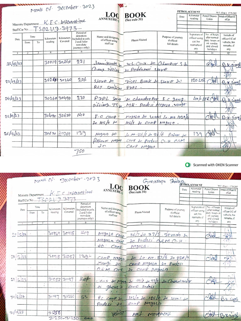 Log Book of Vehicle 3973 Month of December 2023 | PDF
