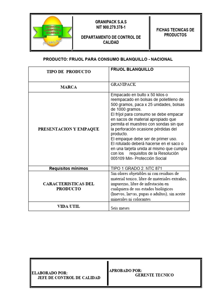 Ficha Técnica Frijol Blanquillo Granipack | PDF