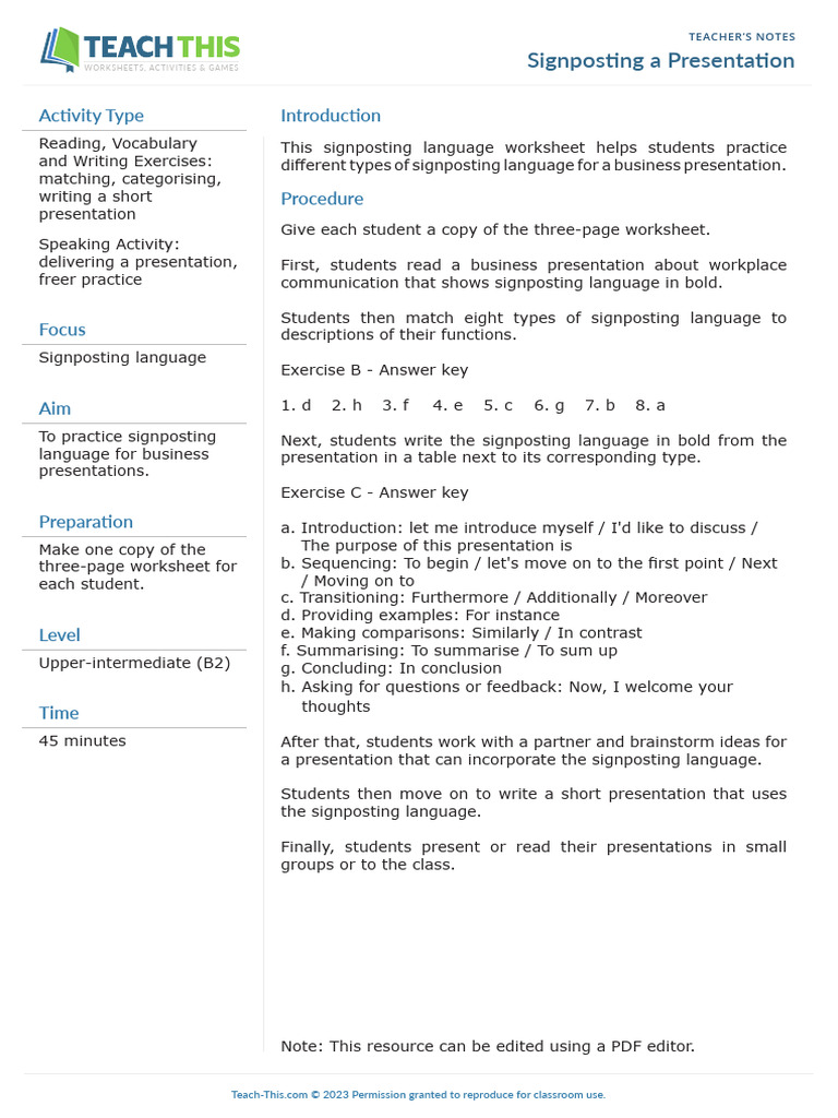 Signposting a Presentation | PDF | Communication | Nonverbal Communication