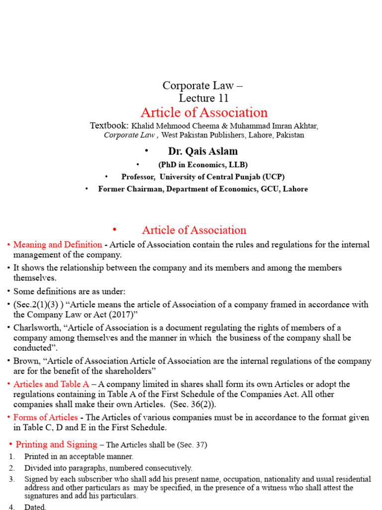 Corporate Law Lecture 11 Article of Association | PDF | Legal Liability ...