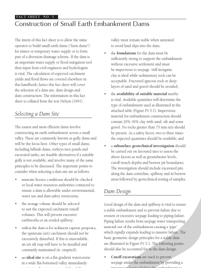 Small Earth Dam Construction Guide | PDF | Dam | Spillway