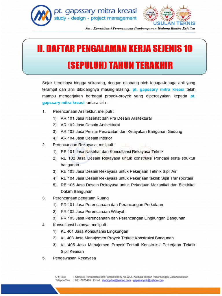 Daftar Pengalaman Perusahaan Sejenis Pt. GMK | PDF