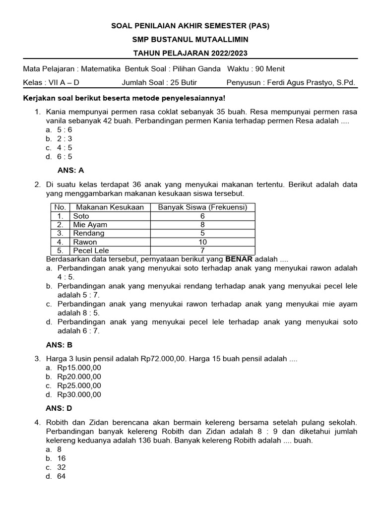 Kelas 7 Kurmer Pas SMP Bustanul Mutaallimin 2022 2023 | PDF