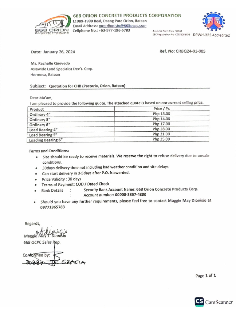 668 Orion Quotation for CHB & Aggregates | PDF
