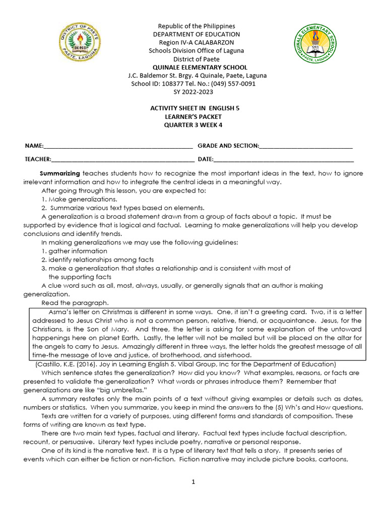 Q3 W4 English5 Activity She | PDF | Narrative | Speed Reading