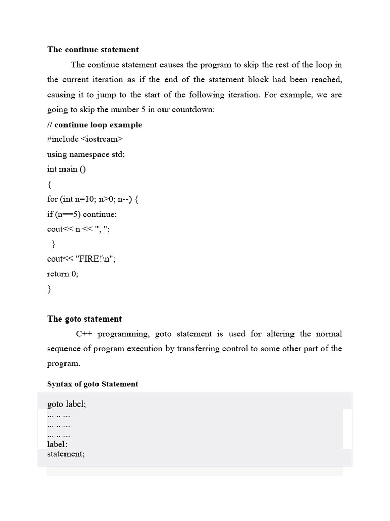 The Continue Statement: Syntax of Goto Statement | PDF | Computer Programming | Software Engineering