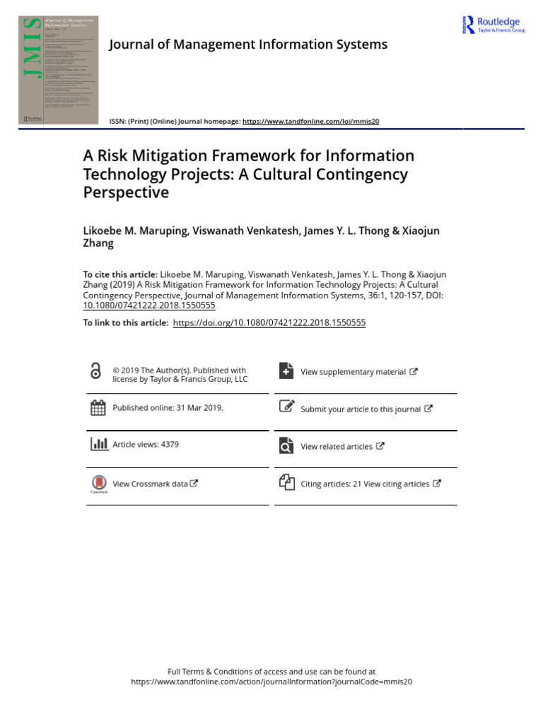 A Risk Mitigation Framework For Information Technology Projects A Cultural Contingency ...