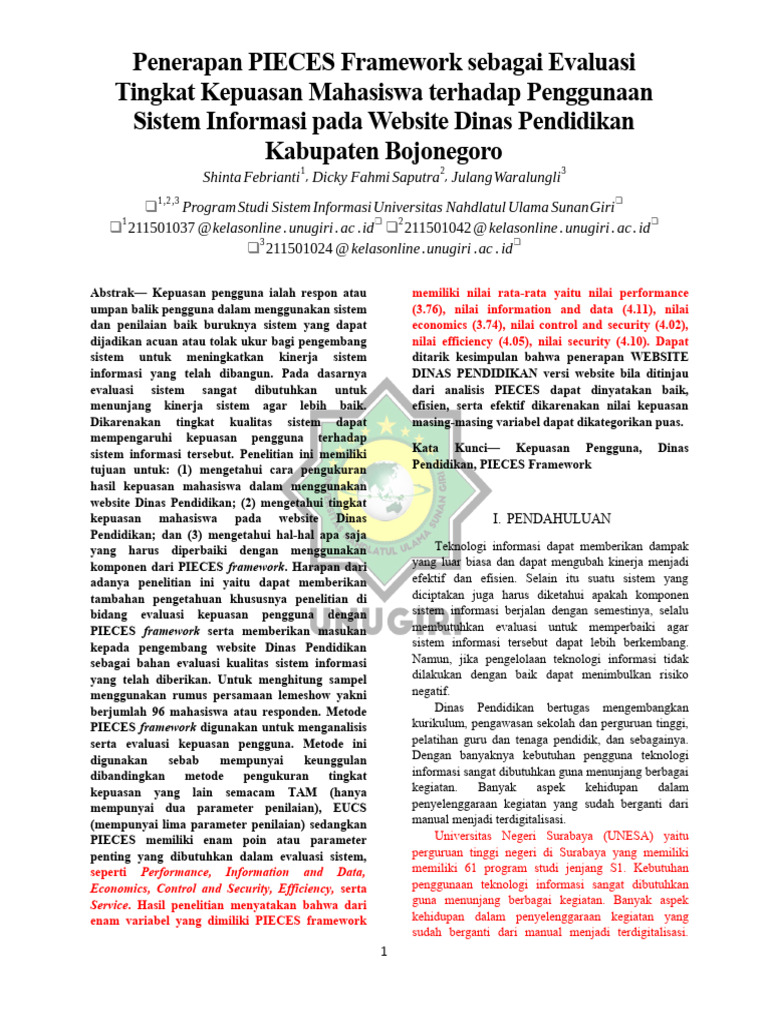 Penerapan PIECES Framework Sebagai Evaluasi Tingkat Kepuasan Mahasiswa ...