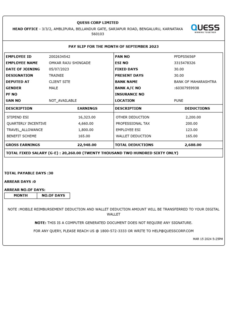 Quess Corp September 2023 Salary Slip | PDF