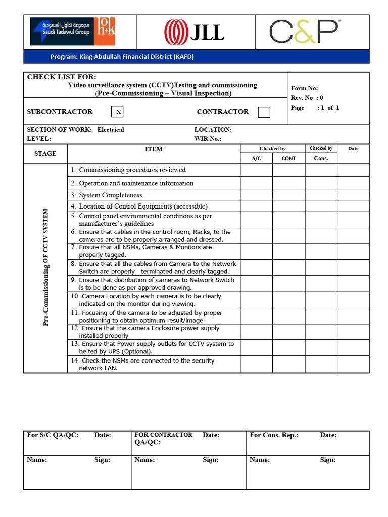 Checklist For Pre Commissioning of CCTV System | PDF | Closed Circuit ...