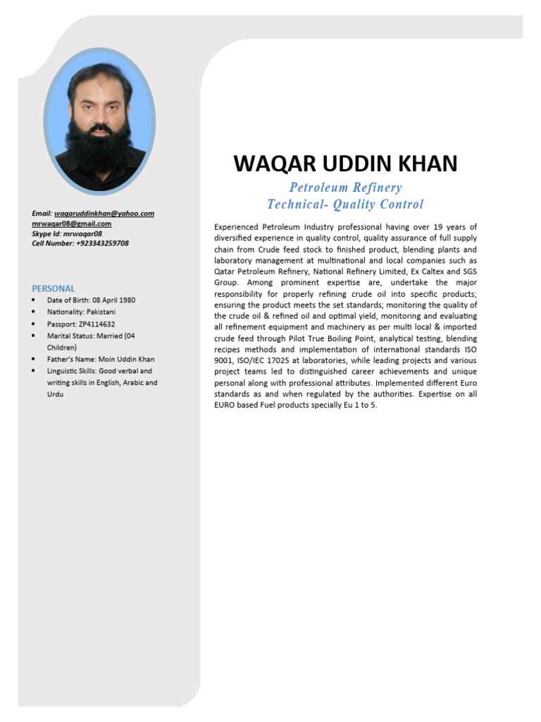 CV - Waqar Uddin Khan Dec21 | PDF | Oil Refinery | Petroleum