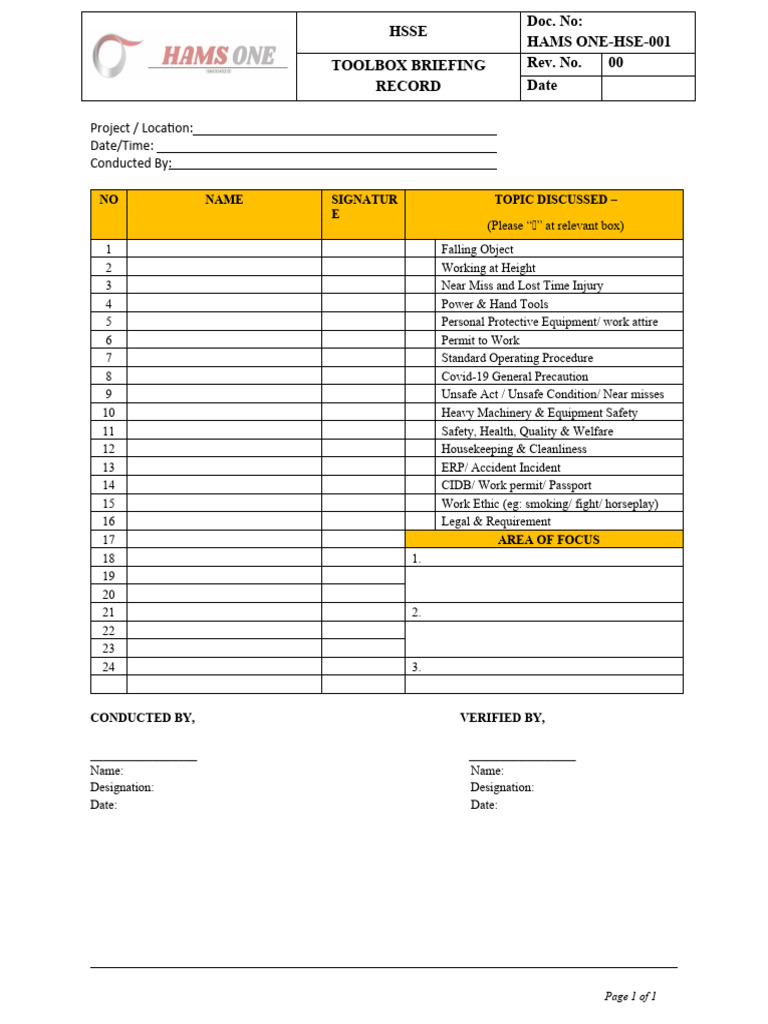 HSE-F001 Toolbox Briefing Record | PDF