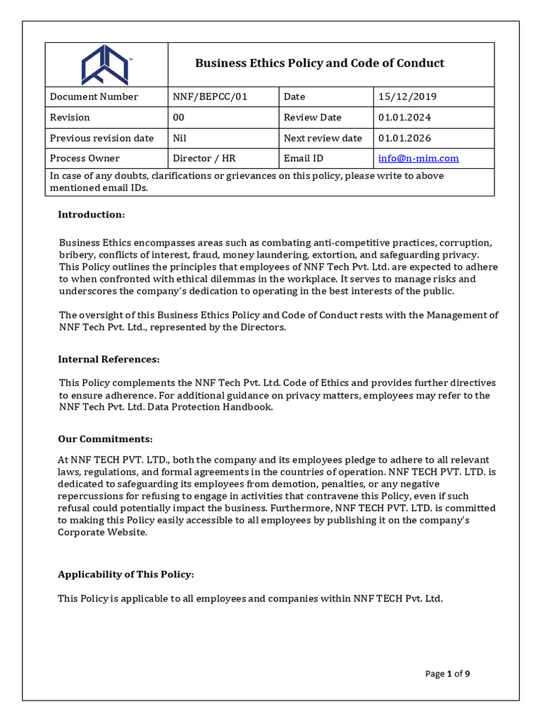 Business Ethics Policy and Code of Conduct | PDF | Bribery | Business Ethics