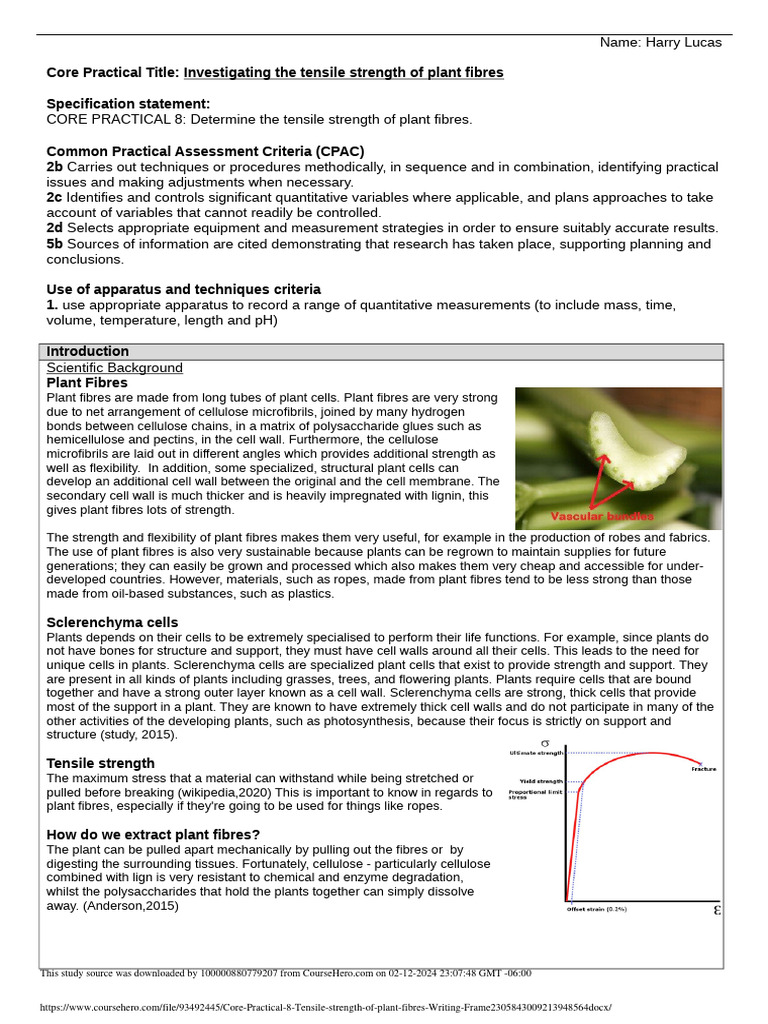 Core Practical 8 Tensile Strength of Plant Fibres Writing Frame ...
