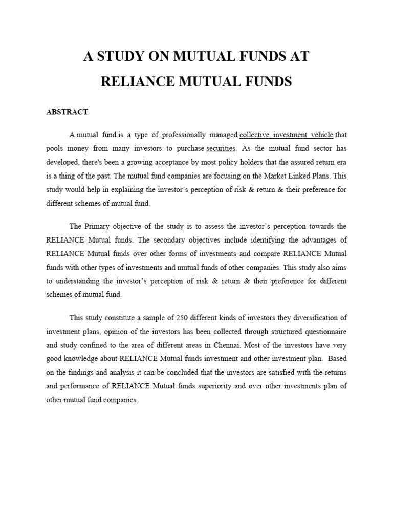 Investor Perception of Reliance Mutual Funds | PDF | Investment Fund ...