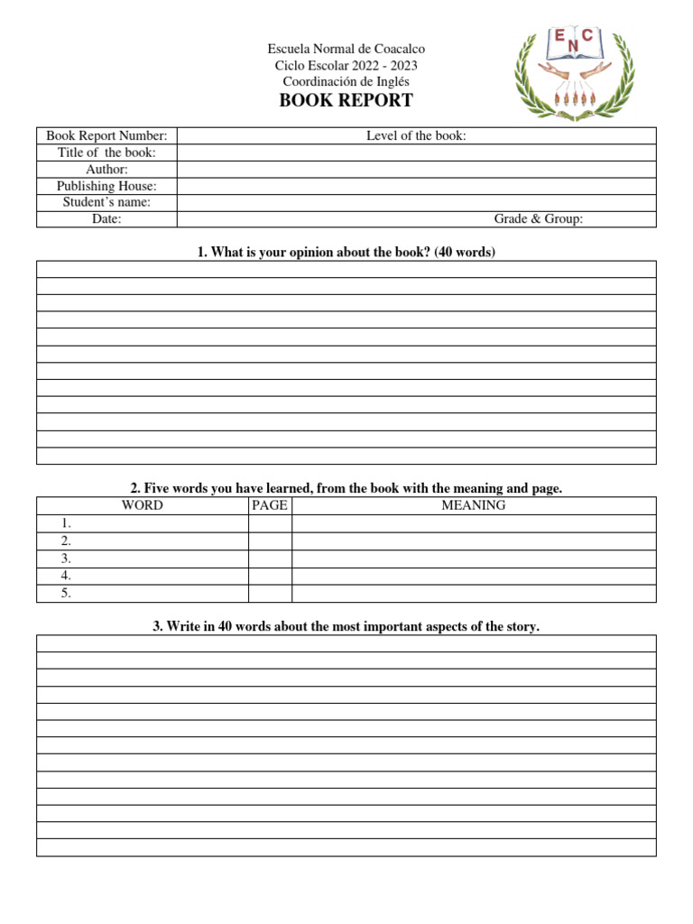 Book Report Template for English Class | PDF | General Fiction