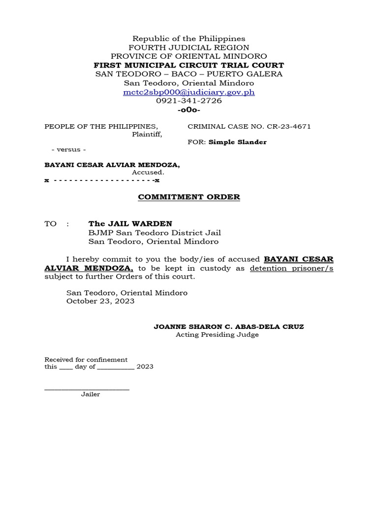 Commitment Order for Slander Case | PDF | Bail | Arrest
