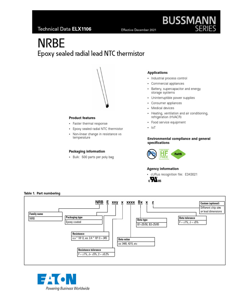 Eaton Nrbe Epoxy Sealed Radial Lead NTC Thermistor Data Sheet Elx1106 ...