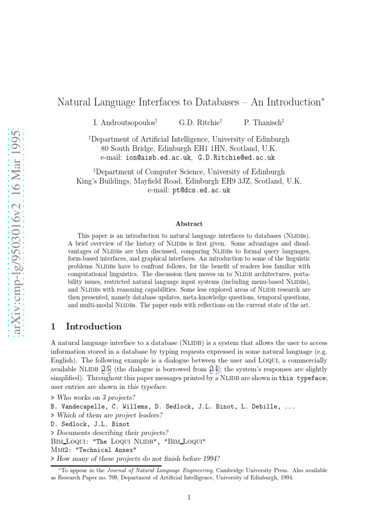 Natural Language Interfaces To Databases - An Introduction | PDF | Databases | Sql