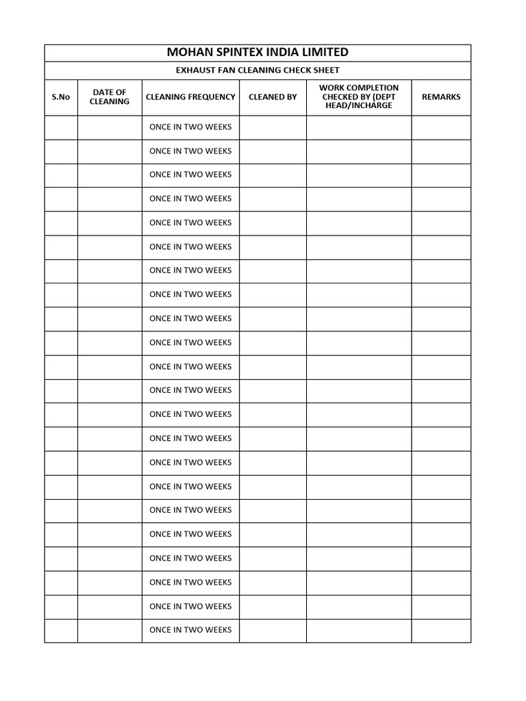 Exhaust Fan Cleaning Schedule | PDF