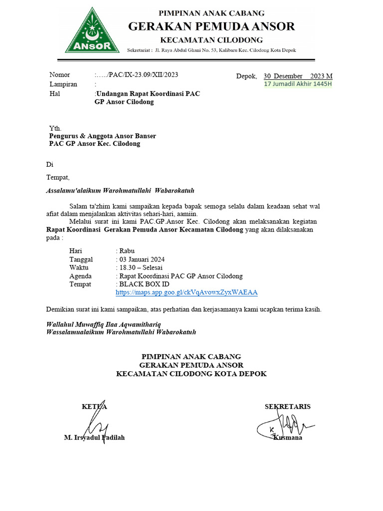 Undangan Rakor PAC Ansor | PDF