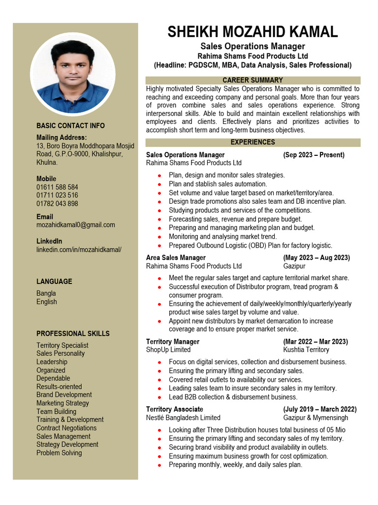 Sheikh Mozahid Kamal CV | PDF | Sales | Bangladesh