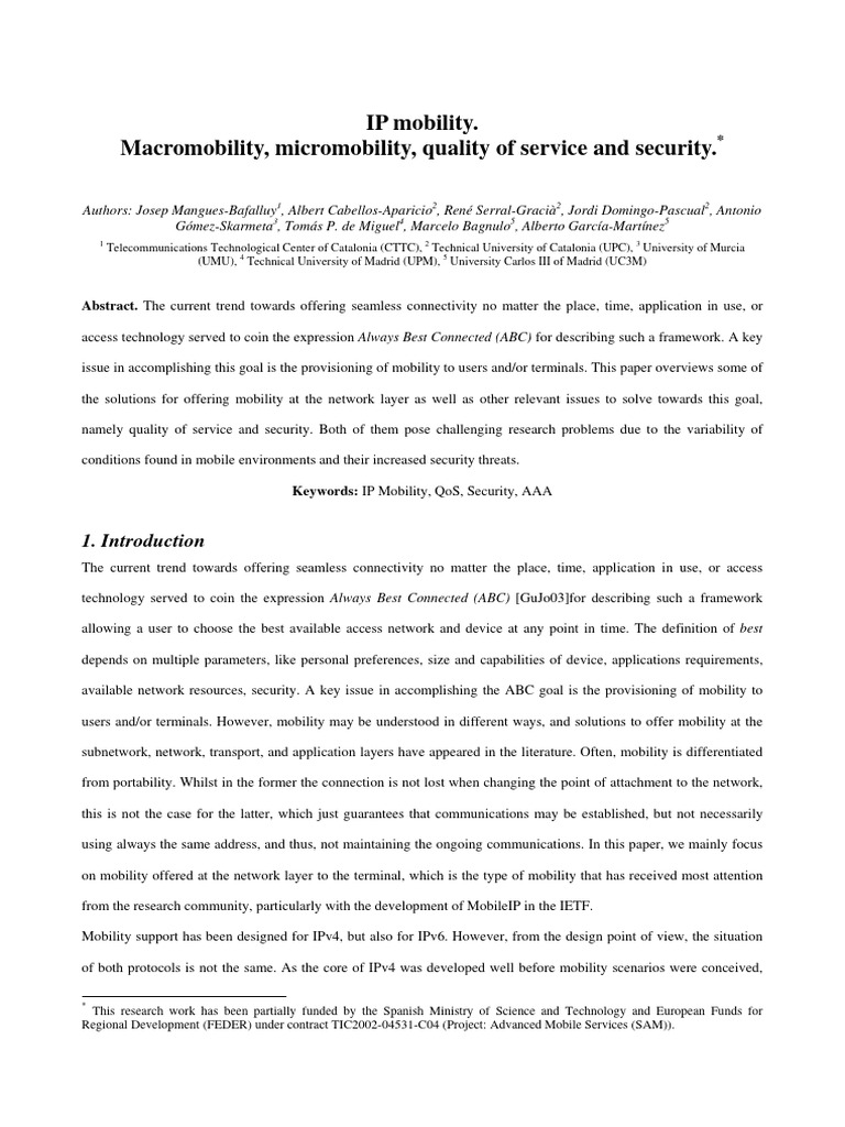 (ARTICLE) IP Mobility-Macromobility Micromobility Quality of Service and Security | PDF ...