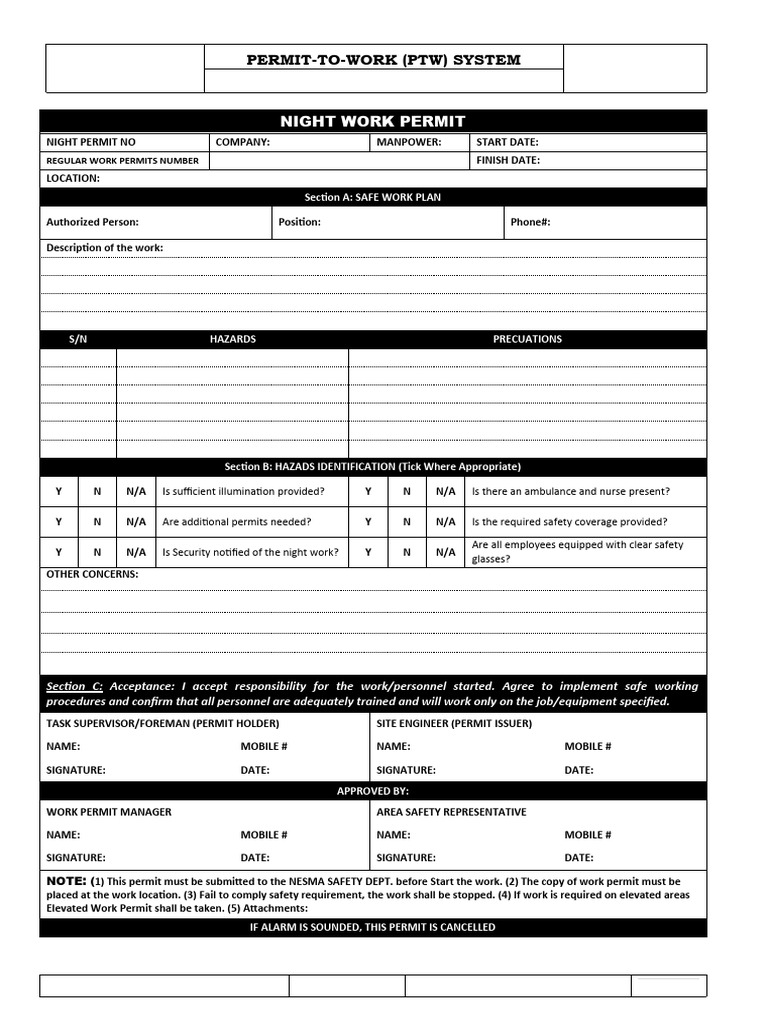 NP-NEOM-OSH-PRO-44-Form08 Night Work Permit | PDF | Safety