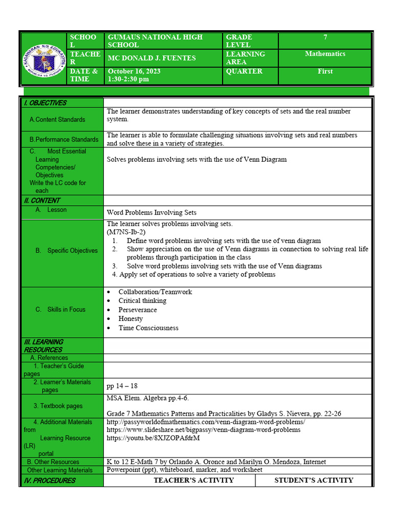 DLP in Mathematics 7 COT 1 SY 2023-2024 | Download Free PDF | Learning ...