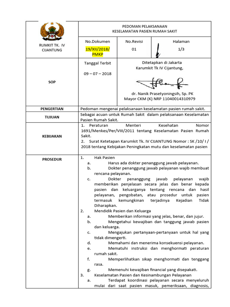 SOP (SKP) Pedoman Pelaksanaan Keselamatan RS | PDF | Bisnis | Sains & Matematika