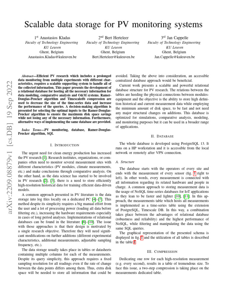 Scalable Data Storage For PV Monitoring Systems: 1 Anastasios Kladas 2 Bert Herteleer 3 Jan ...