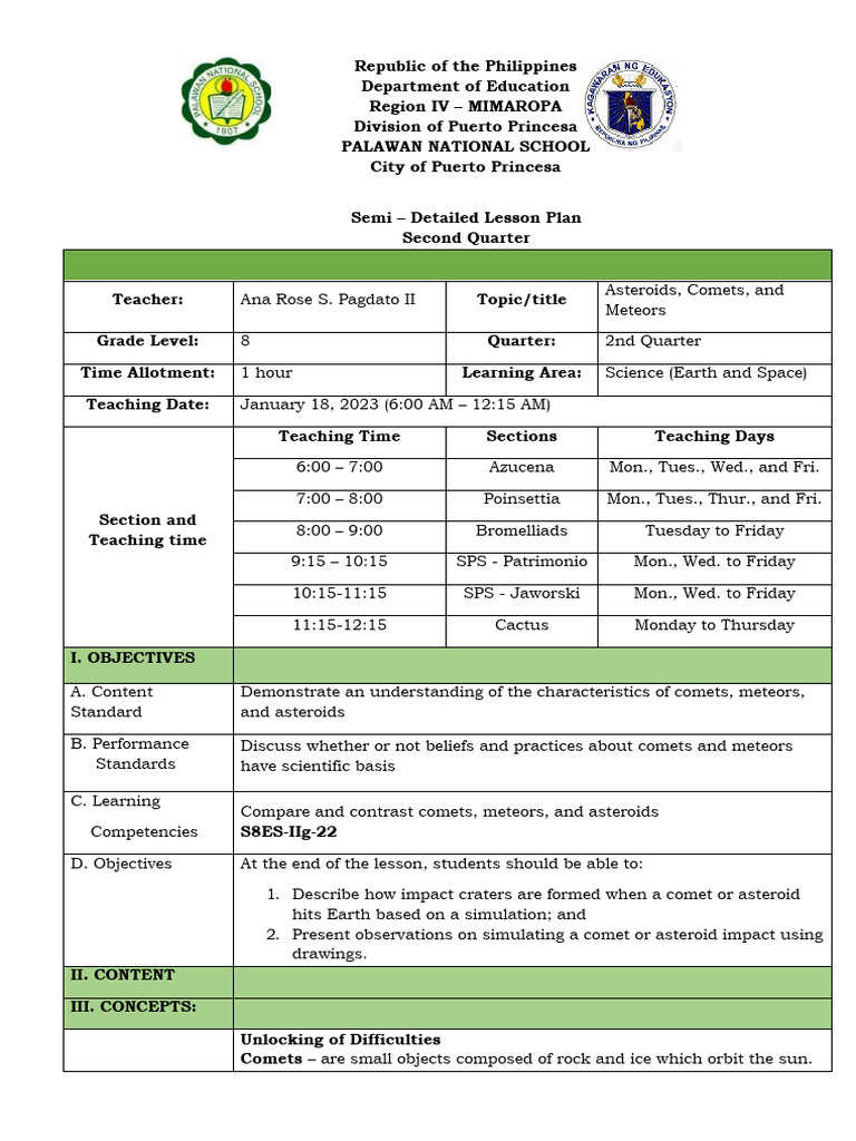 Lesson Plan on Asteroids and Comets | PDF | Asteroid | Meteoroid