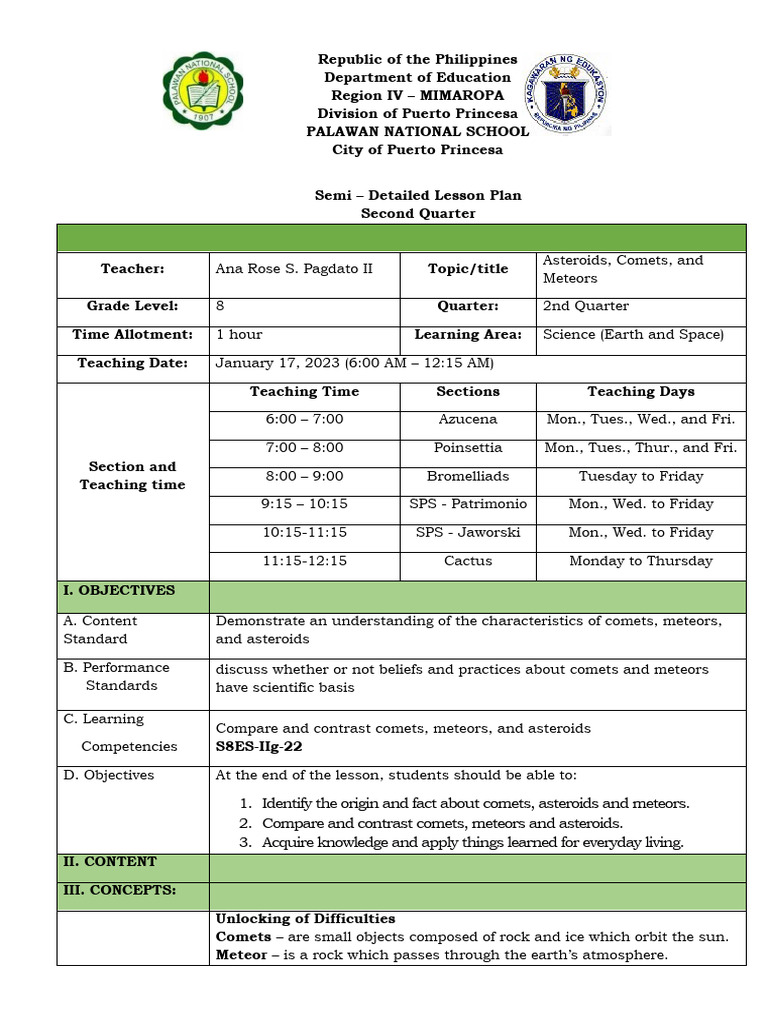 Lesson Plan: Asteroids, Comets, Meteors | PDF | Meteoroid | Comet