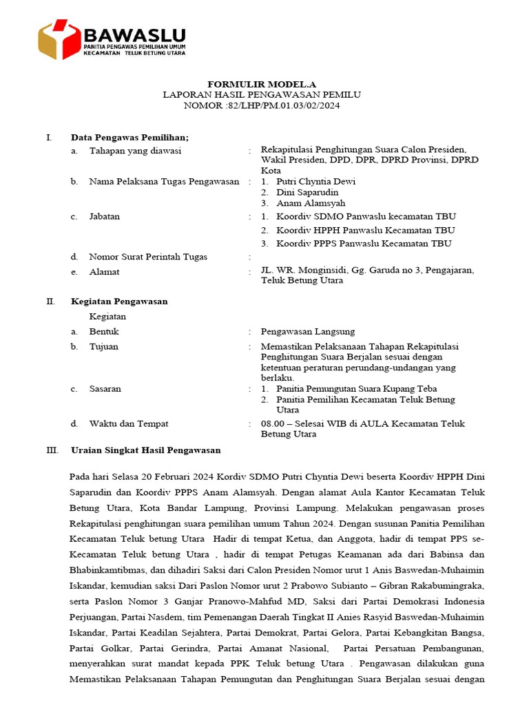 FORM A REKAP PLENO TUNGSURA Kupang Teba | PDF