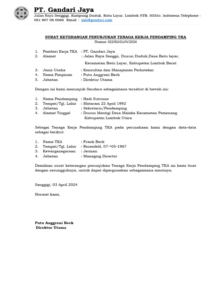 Penunjukan Pendamping TKA | PDF | Hukum