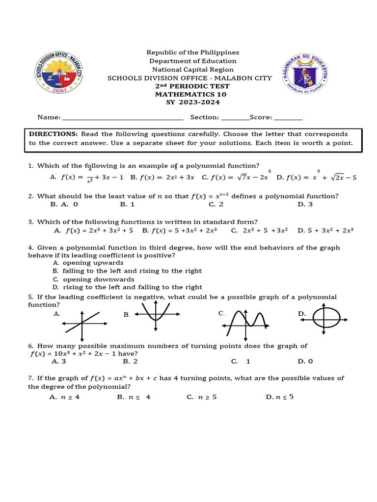 2nd Quarter Math 10 Periodic Test | PDF | Circle | Angle