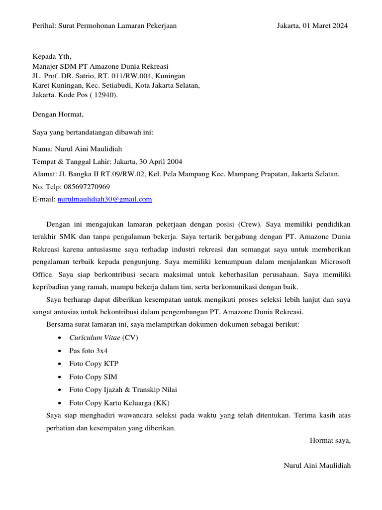 Surat Lamaran PT. Amazone | PDF
