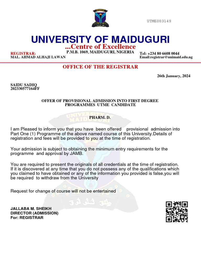 UNIMAID Admission Letter | PDF