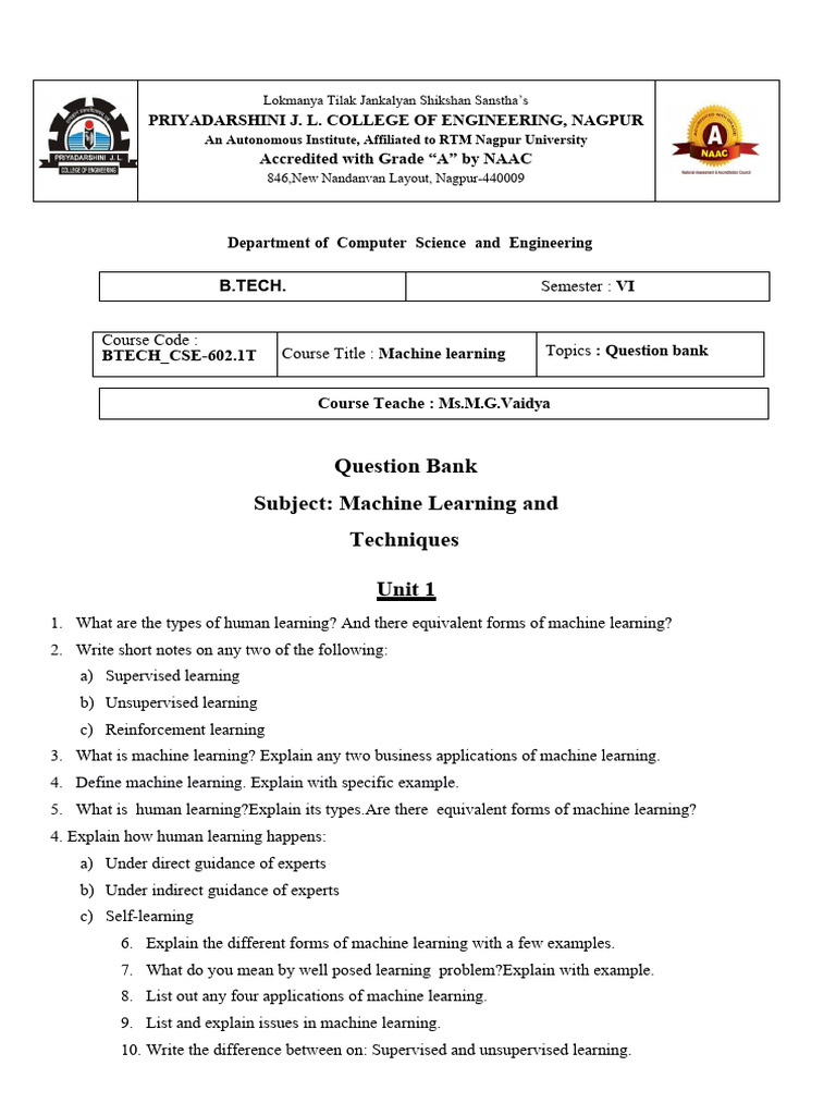 MLT Question Bank New | PDF | Statistical Classification | Machine Learning