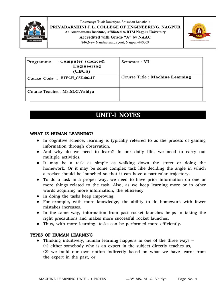 ML Unit-1 Notes | Download Free PDF | Machine Learning ML Unit-1 Notes | Download Free PDF | Machine Learning